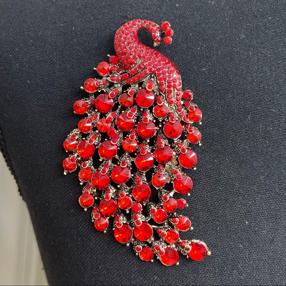 Large Red Peacock Brooch - Gem